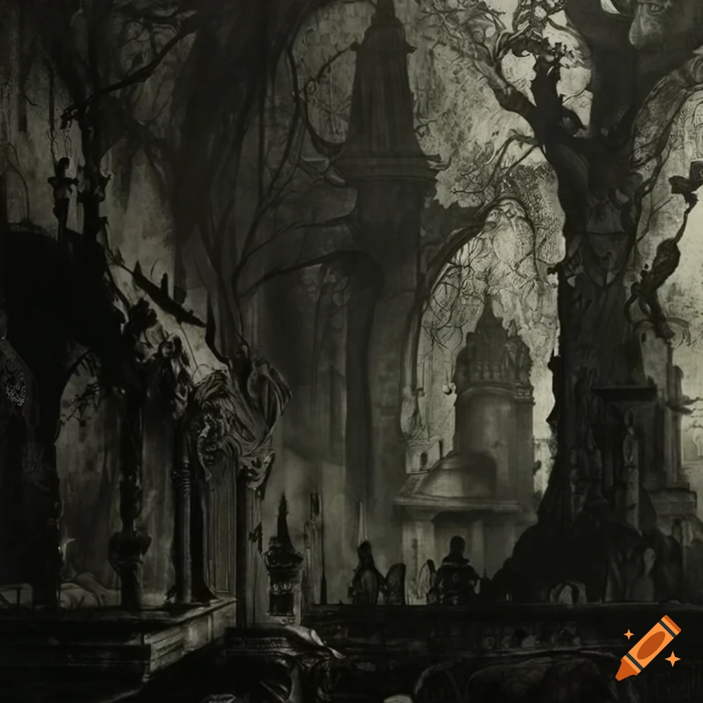 Piranesi goth filigree poster of a lady in a dark forest on Craiyon