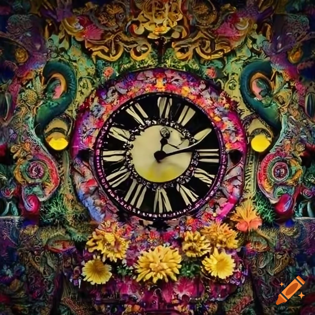 Beautiful mysterious garden with vibrant flowers and intricate clock ...