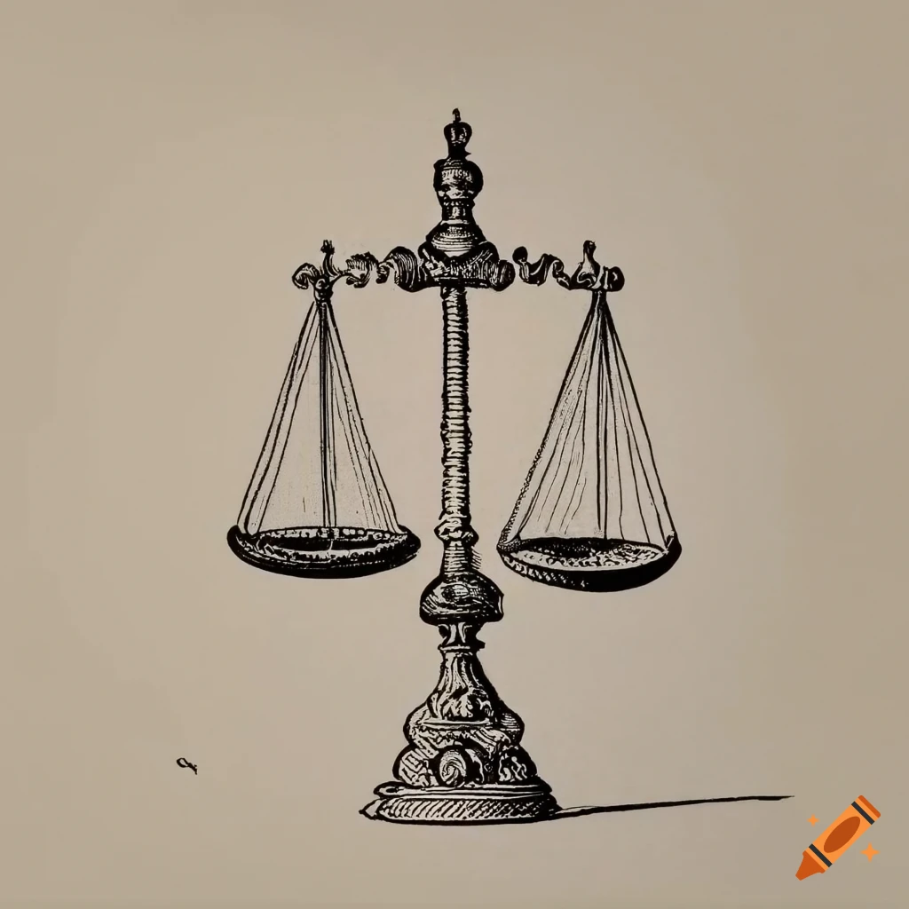 Engraved illustration of justice scales in three-quarter view on Craiyon