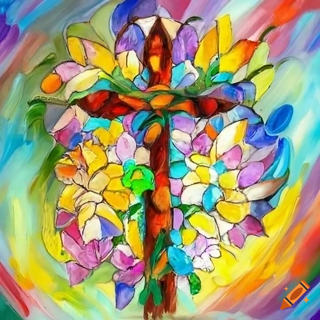 Colored pencil stained glass Easter cross with flowers on Craiyon