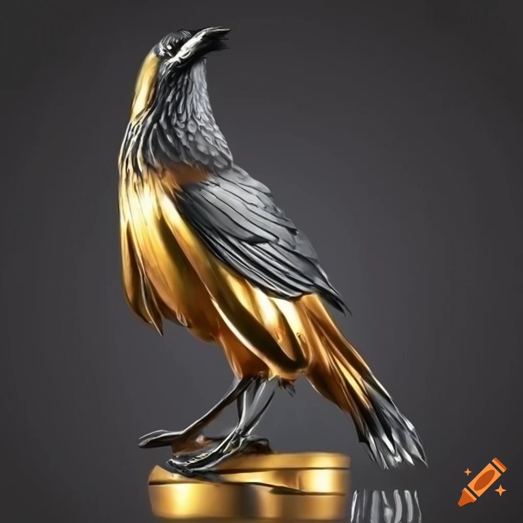 Realistic Raven with glossy feathers transitioning into a golden statue ...