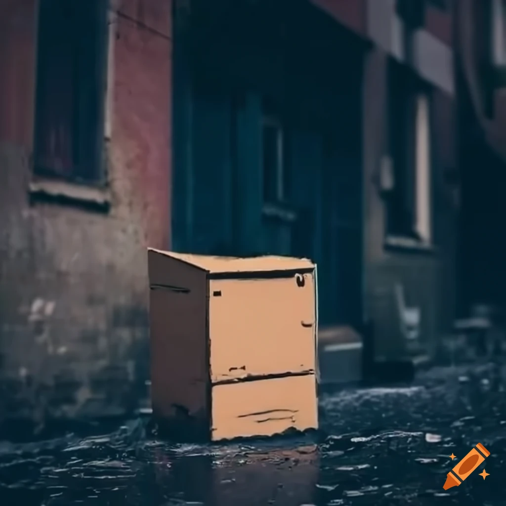 Mysterious cardboard box in a rainy urban alleyway on Craiyon