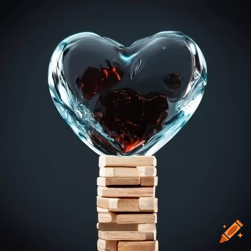 Black glass heart filled with stacked jenga blocks on a dark background ...