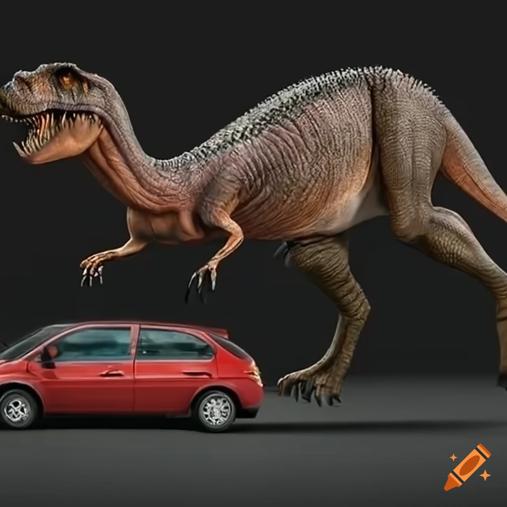 Tyrannosaurus rex driving a car in a realistic 3d scene on Craiyon