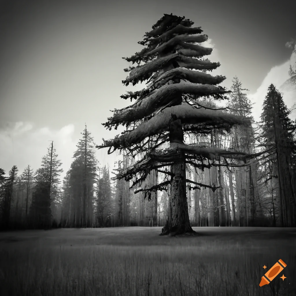 Weathered merry-go-round in an open field surrounded by pine trees in ...