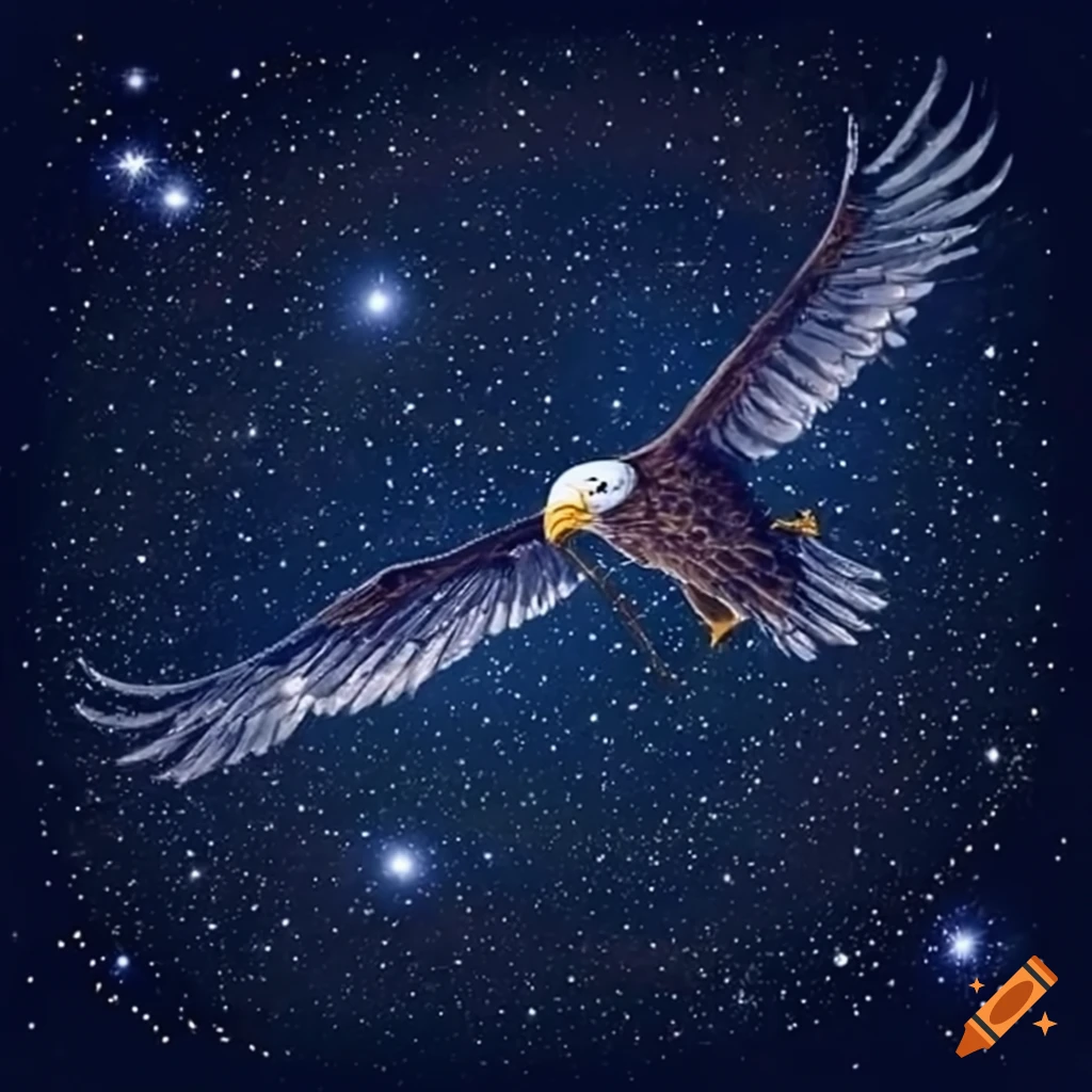 Bald eagle soaring in a starry night sky with the milky way on Craiyon