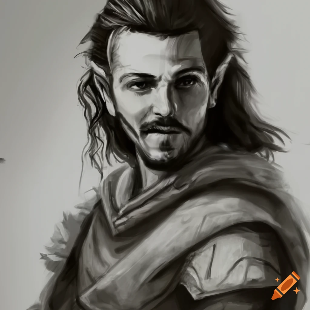 Pencil drawing of a male half-elf rogue in medieval attire on Craiyon