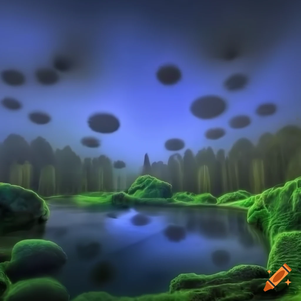 3d landscape at daybreak with unique flora and glowing orbs in the ...