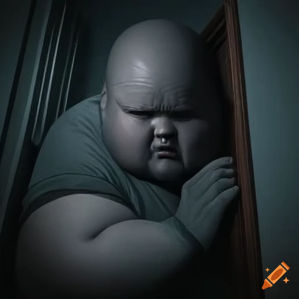 Overweight person entering a dark door on Craiyon