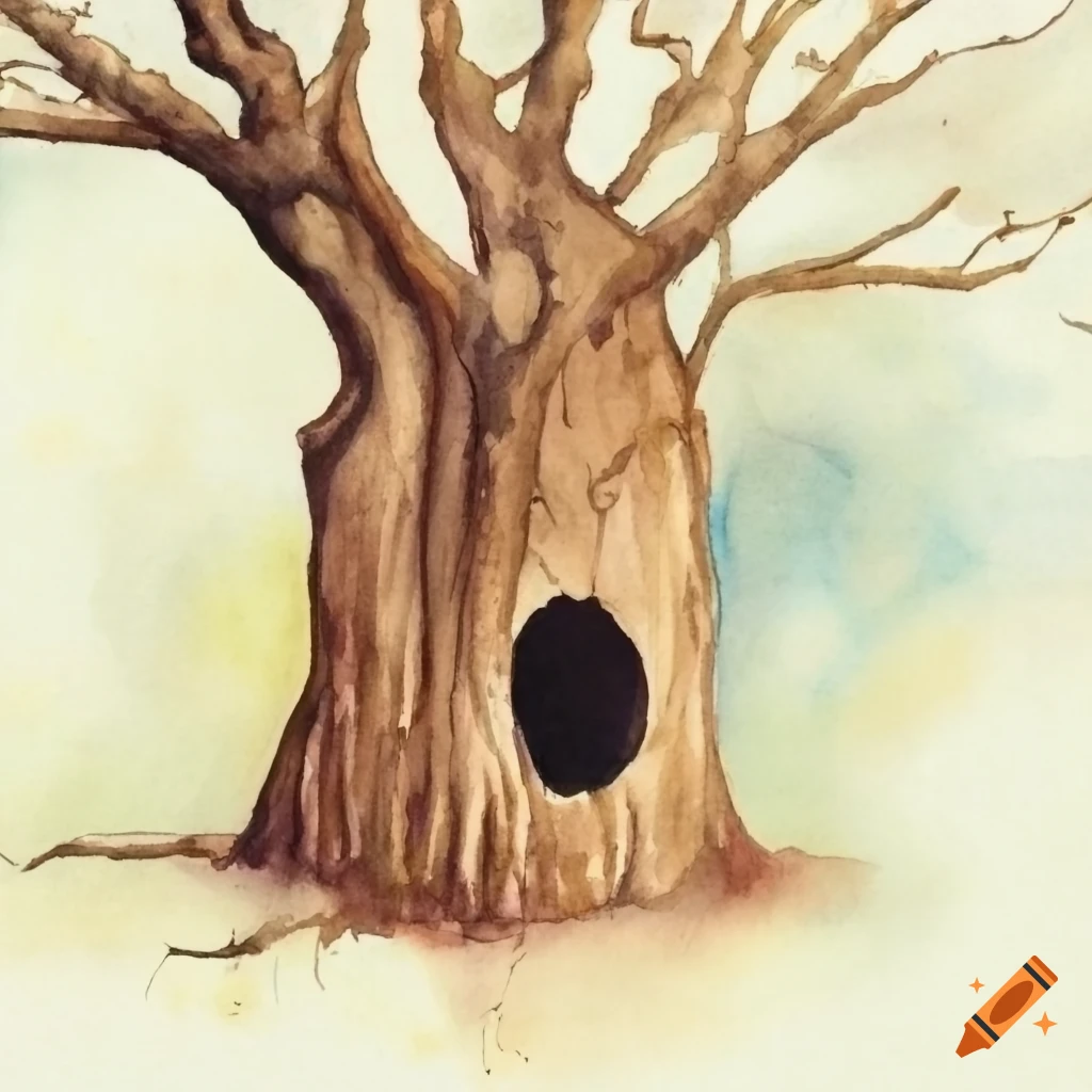 Hollow in a tree in a watercolor painting on Craiyon