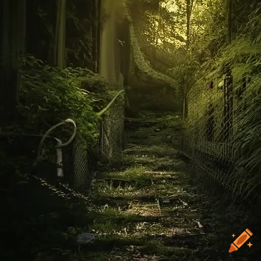 Overgrown chain link fence in a post-apocalyptic setting on Craiyon
