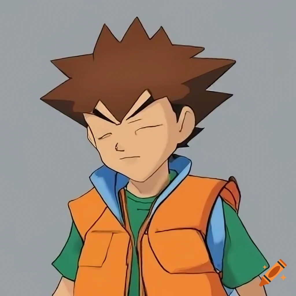Brock from pokemon in orange vest over green shirt on Craiyon