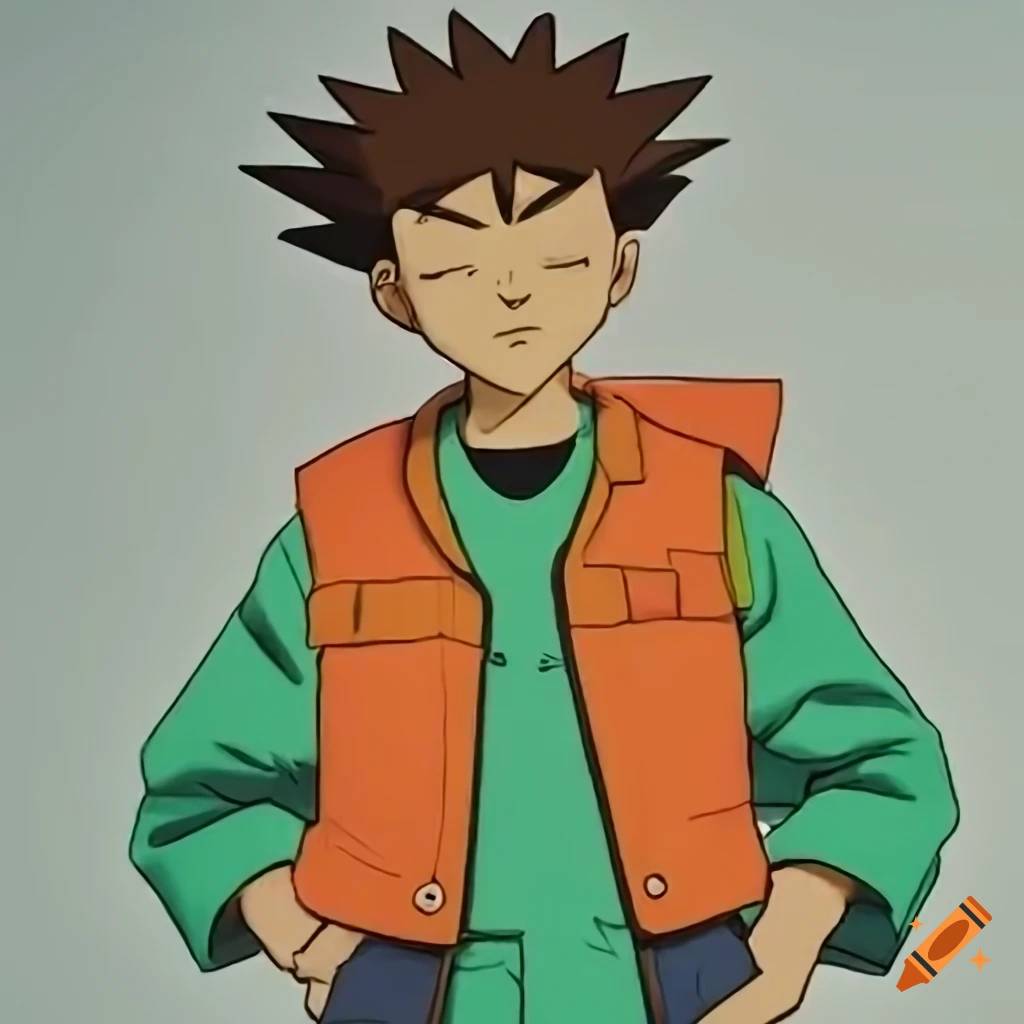 Brock from Pokemon with eyes closed in orange vest and green shirt on ...