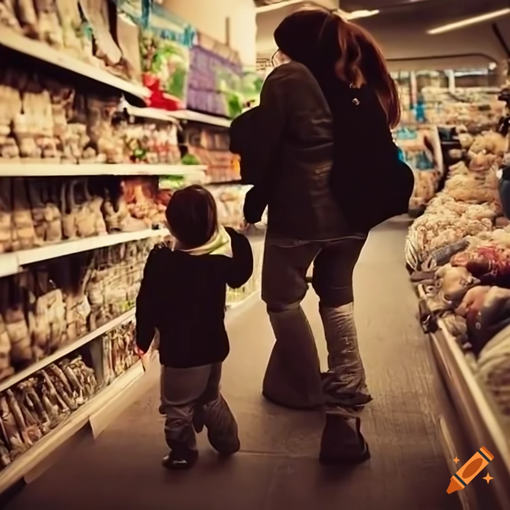Mother and child holding hands in a grocery store on Craiyon