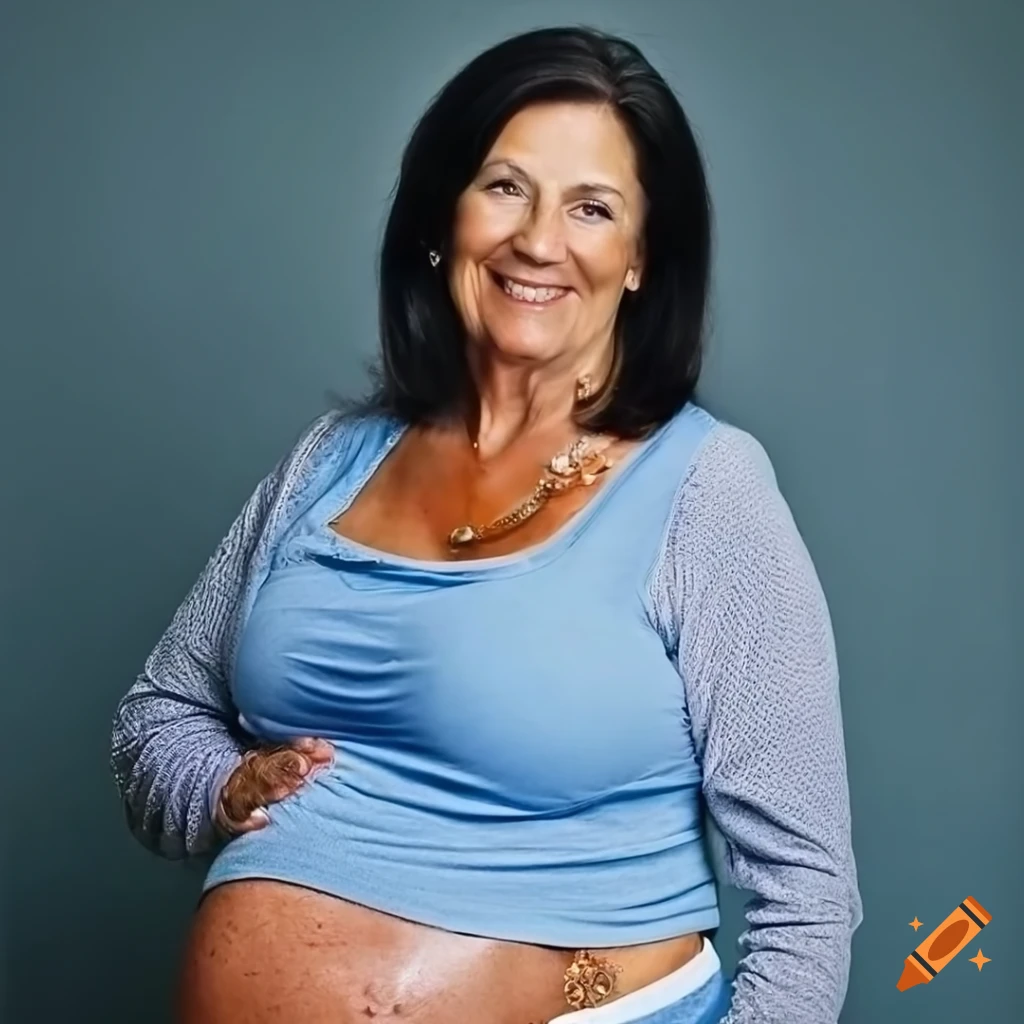 Happy 65-year-old pregnant woman with a round belly and smiling face on ...