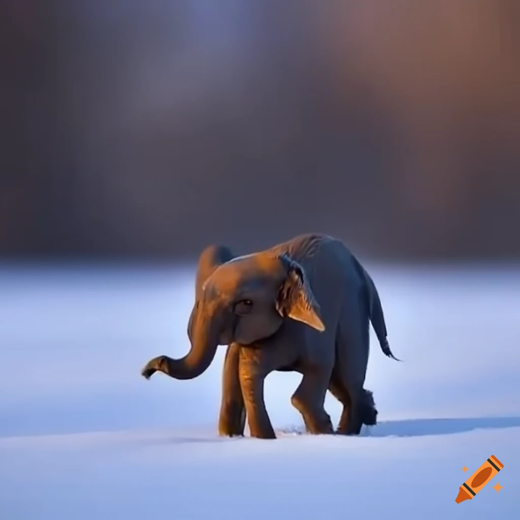 Miniature elephant jumping out of the snow at sunrise on Craiyon