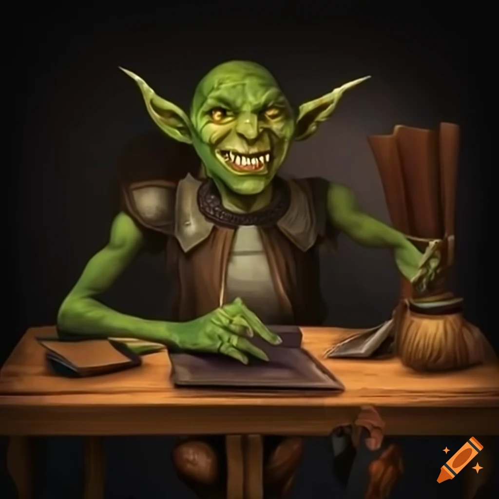 Goblin character at a desk with magical tools and books on Craiyon