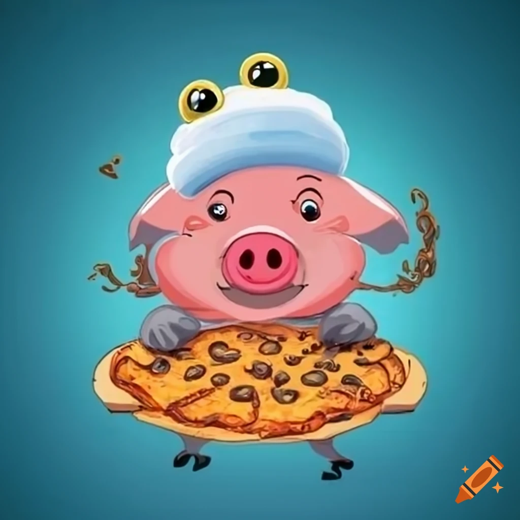 Cartoon pig in frog hat enjoying pizza on Craiyon