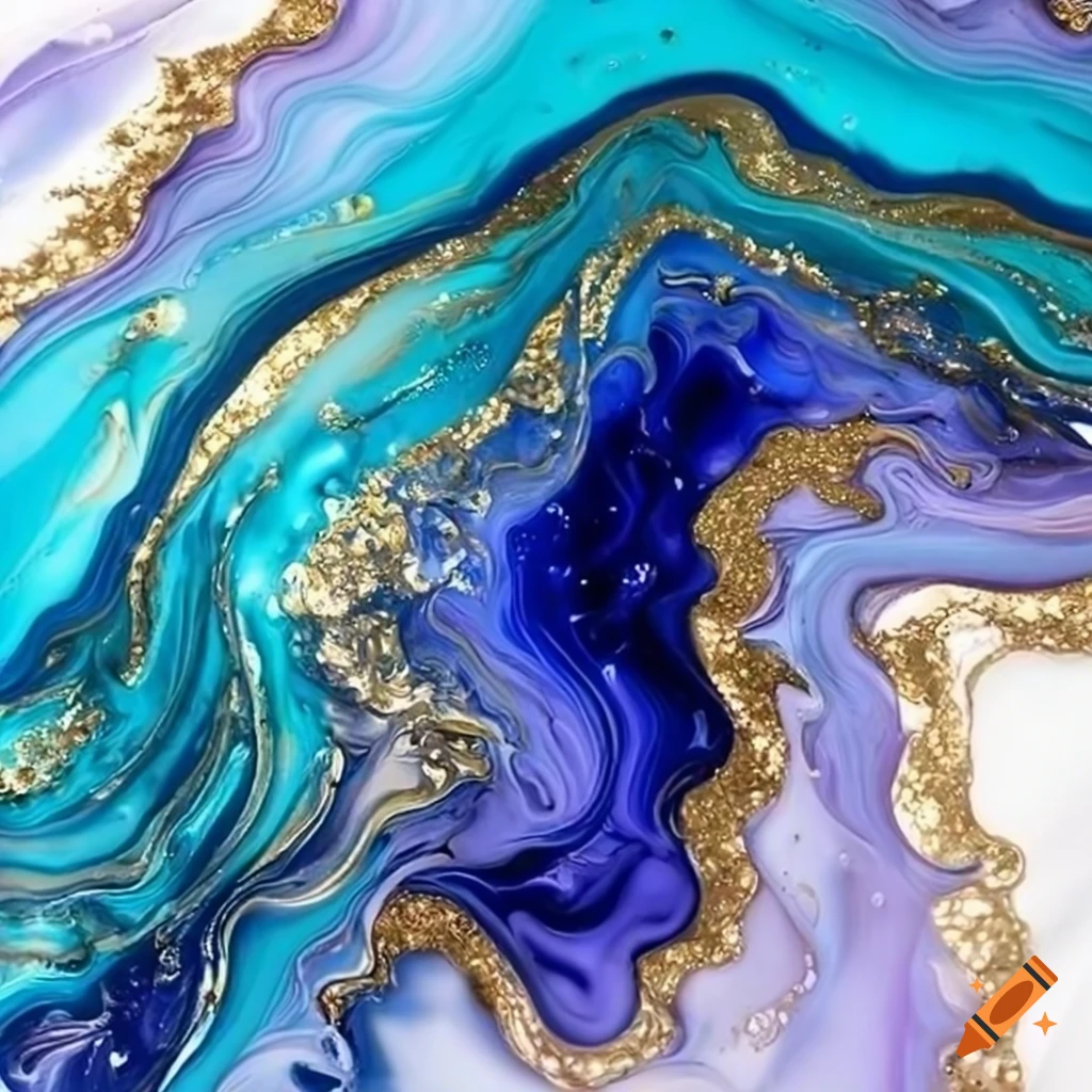 Lilac and turquoise epoxy resin art with gold and navy blue swirls on ...
