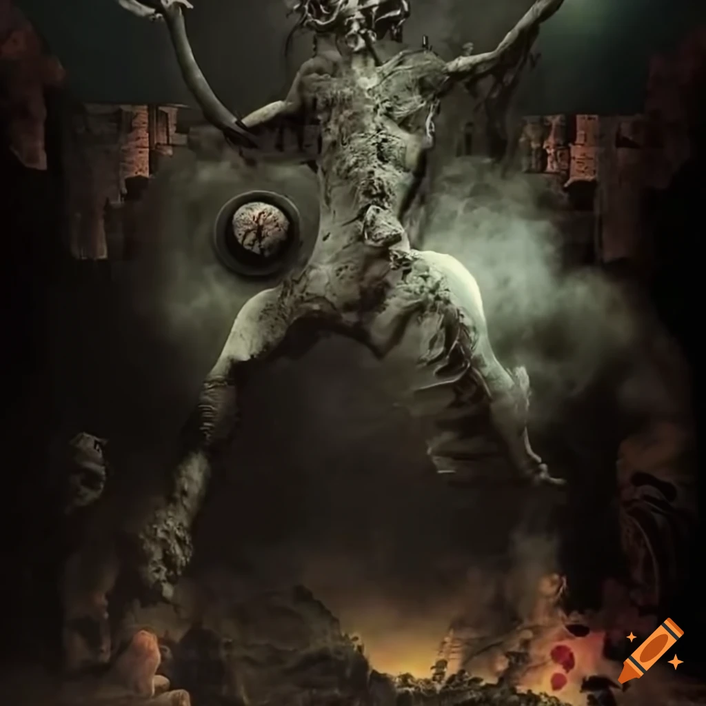 Baroque baron in pandemonium landscape inspired by John Martin, Giger's acid rock esoteric hell ...