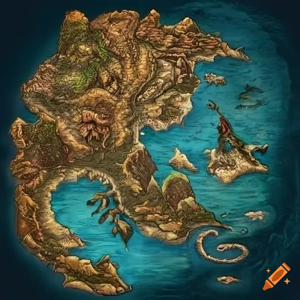 Fantasy world map forming a dragon shape on Craiyon