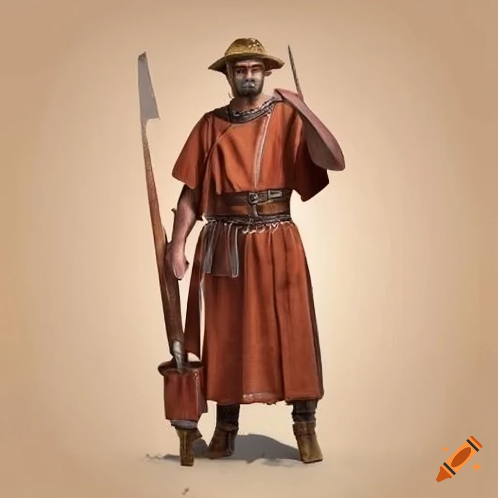 Roman landowner in short tunica and leather toolbelt with sun hat on ...