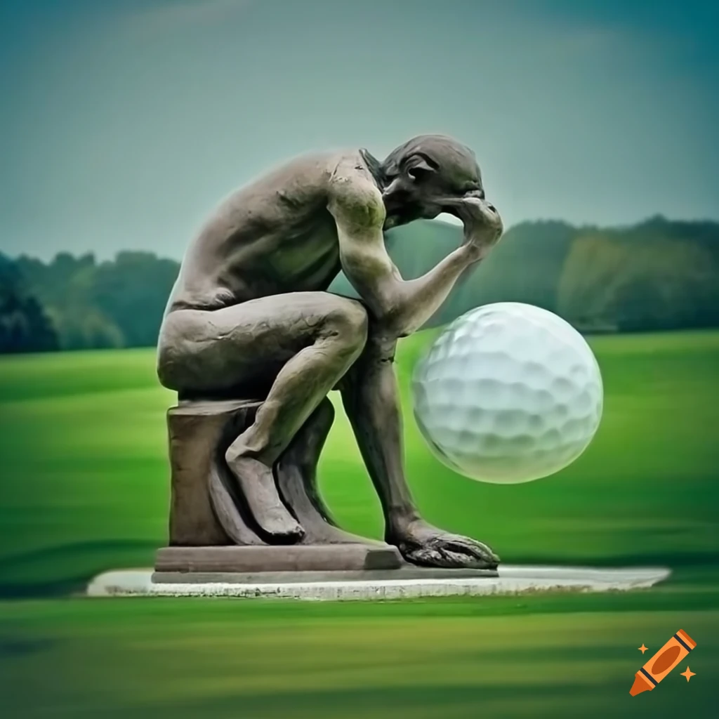 Surrealist art piece of thinker statue with giant golf ball on green ...