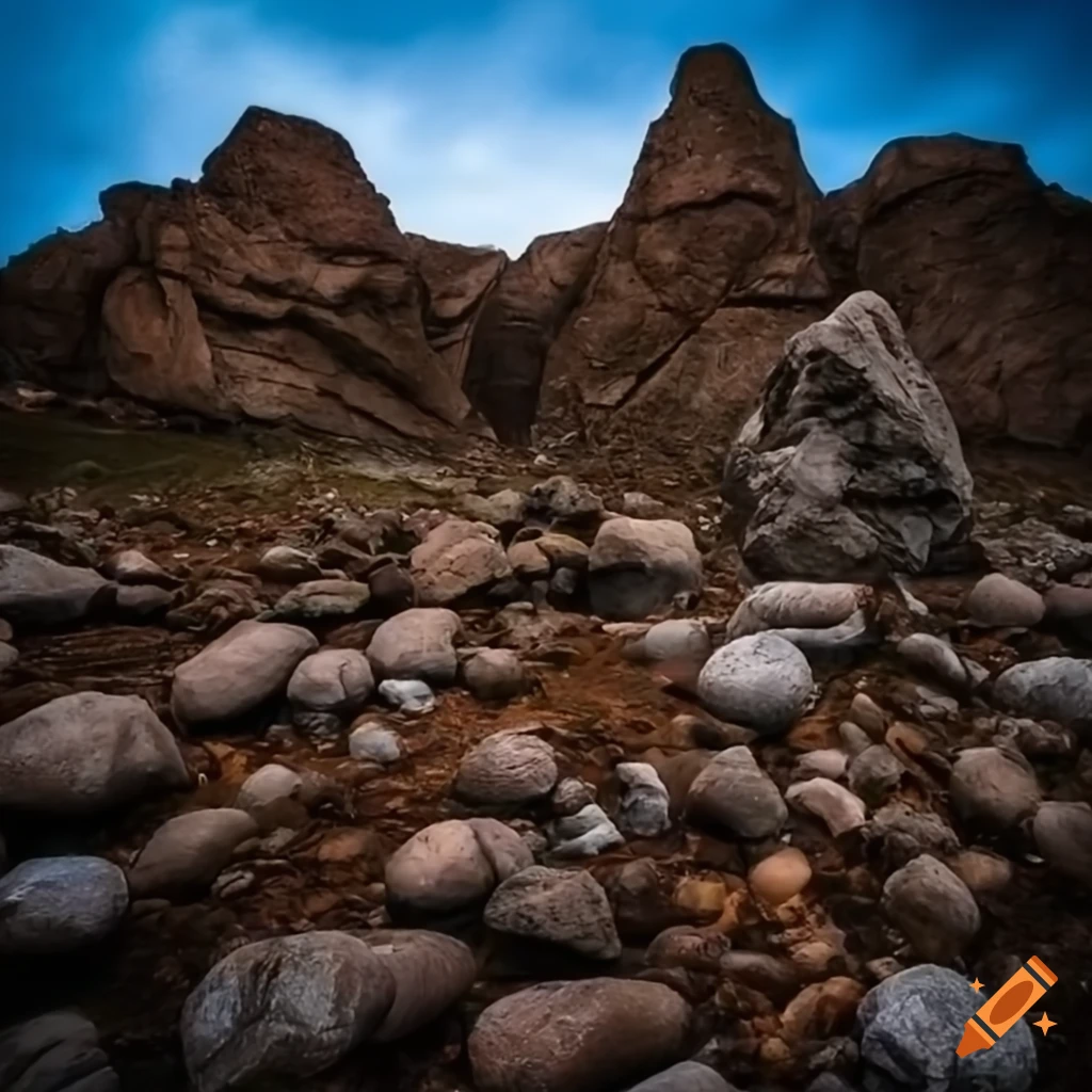 Field with scattered rocks and boulders on Craiyon