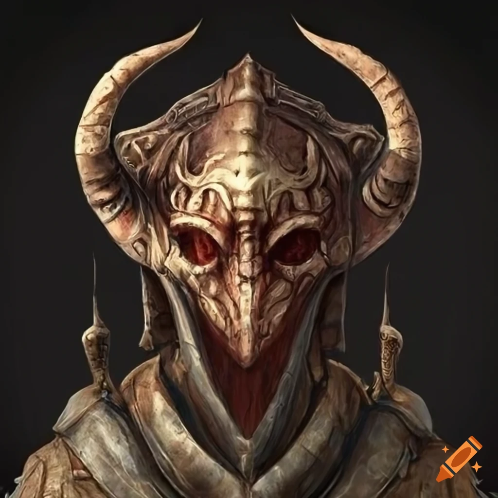 Impenetrable helm with curved horns and dark slits for eyes on Craiyon