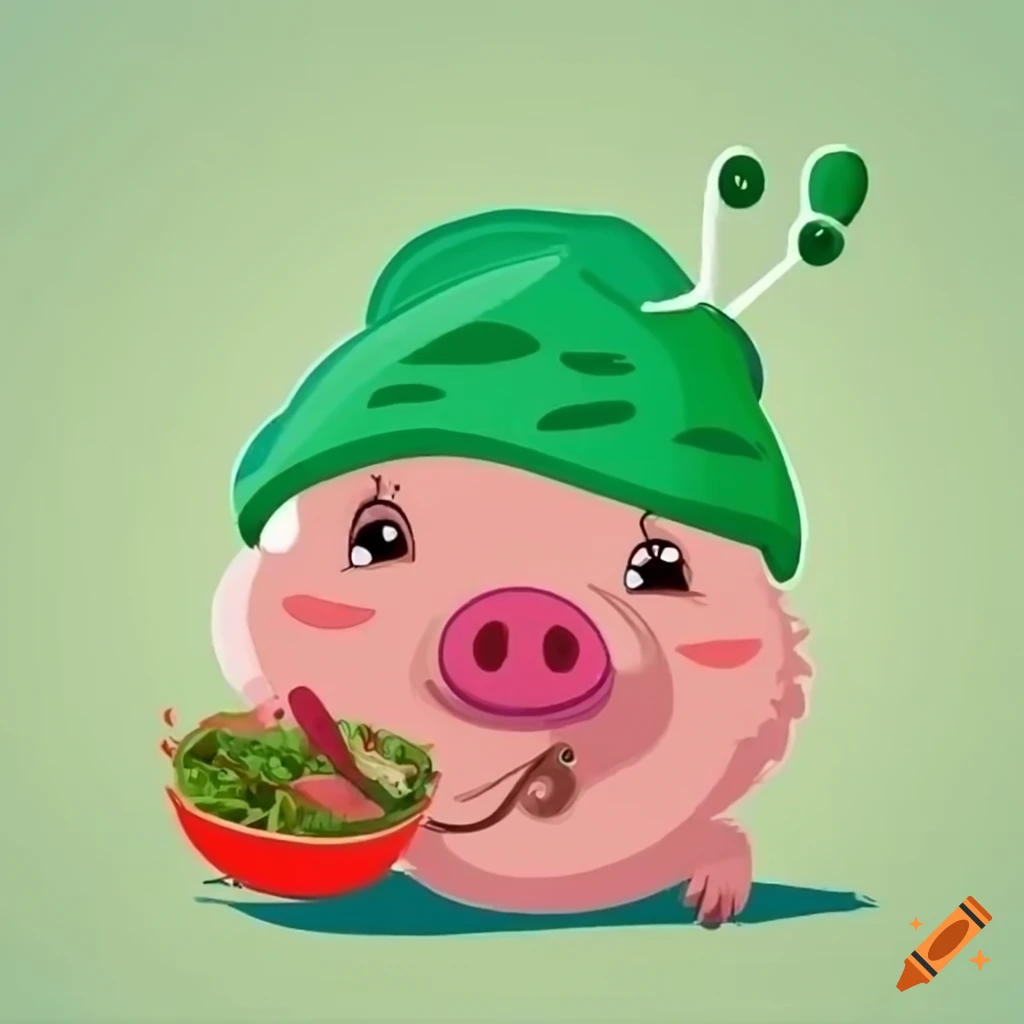 Cartoon pig in frog hat eating salad on Craiyon