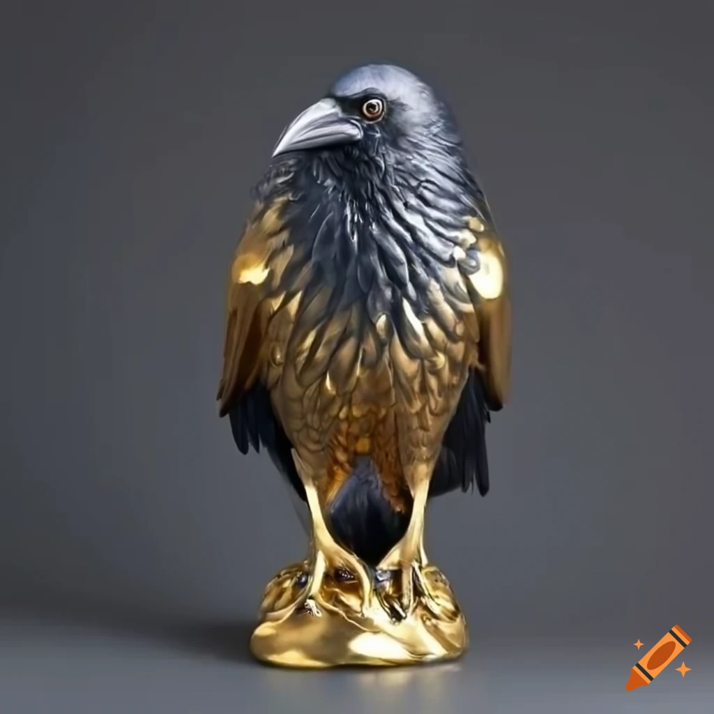 Realistic raven morphing into a golden statue with detailed gold legs ...