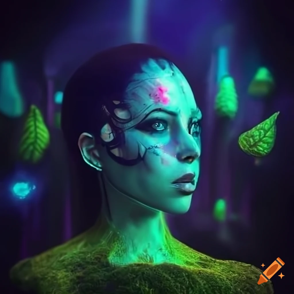 Glowing biopunk cityscape with plants, mushrooms, crystals, and cyborg ...