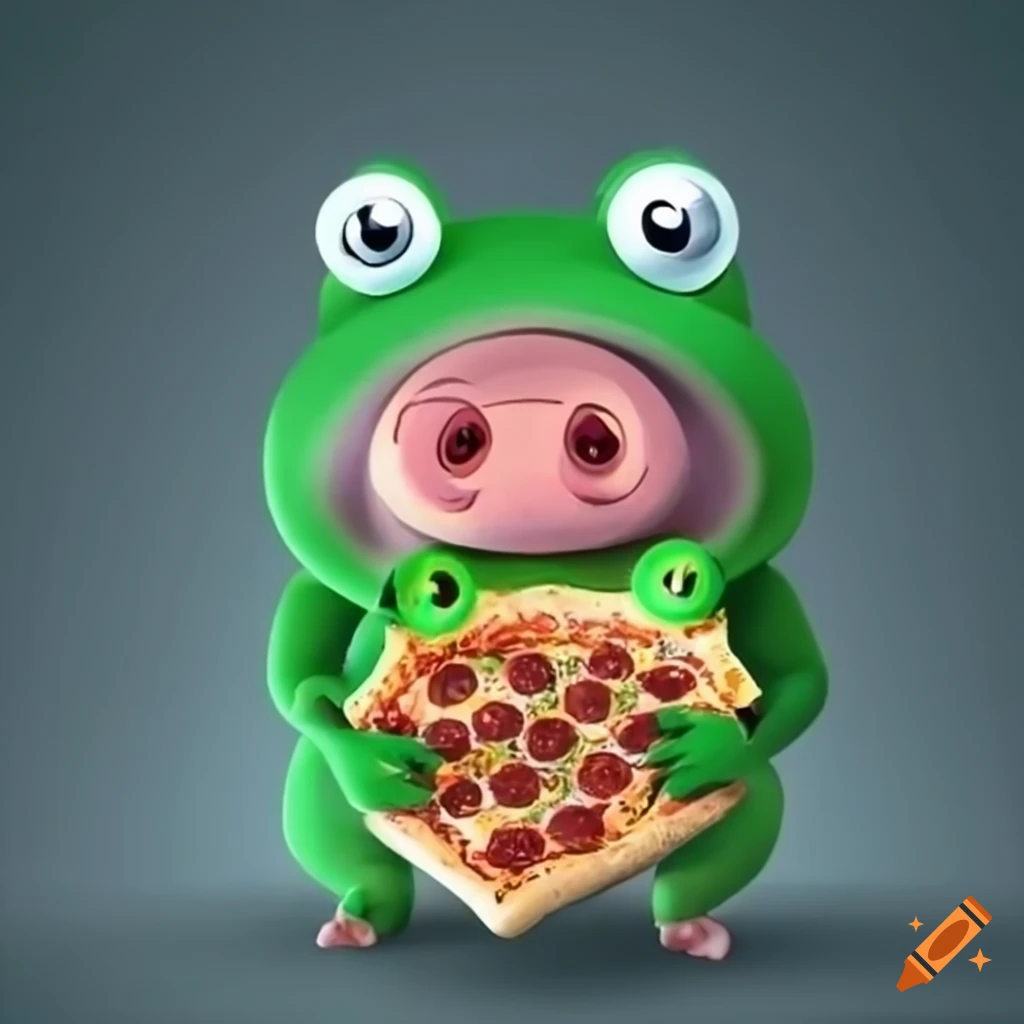 Cartoon pig in a frog hat eating pizza on Craiyon