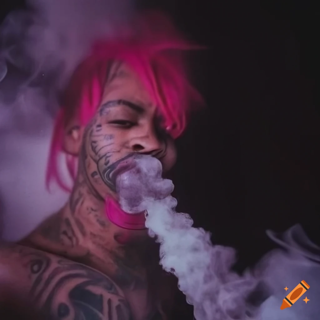 Tattooed rapper with pink hair cooking waffles in a dark setting on Craiyon