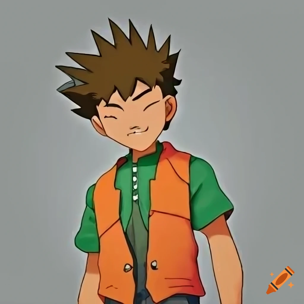 Brock from pokemon with eyes closed wearing orange vest over green ...
