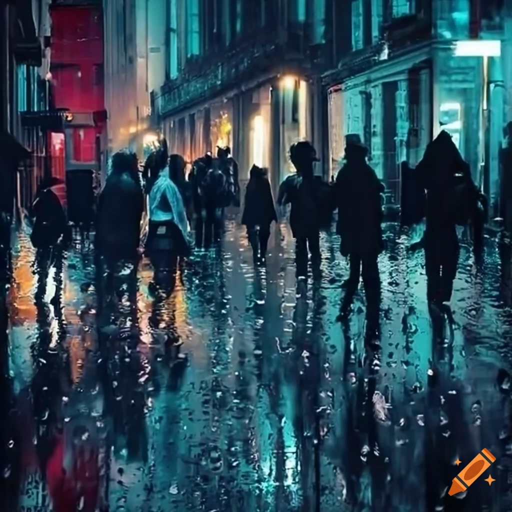 Rainy day in a city with a crowd of people on Craiyon