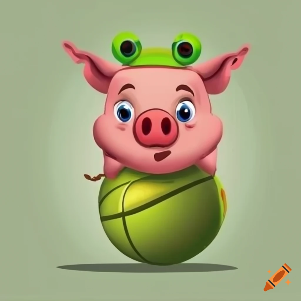Adorable cartoon pig in frog hat playing rugby on Craiyon
