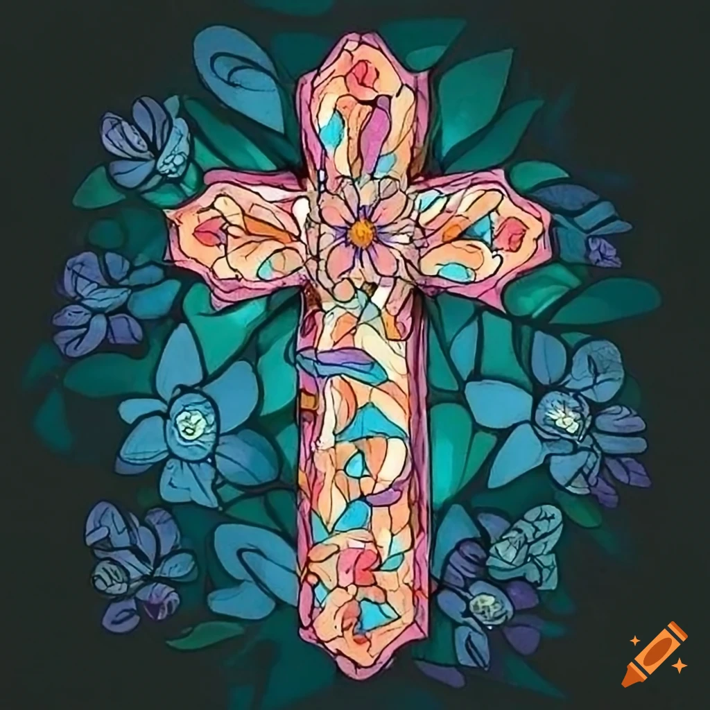 Colored pencil stained glass easter cross with flowers on Craiyon