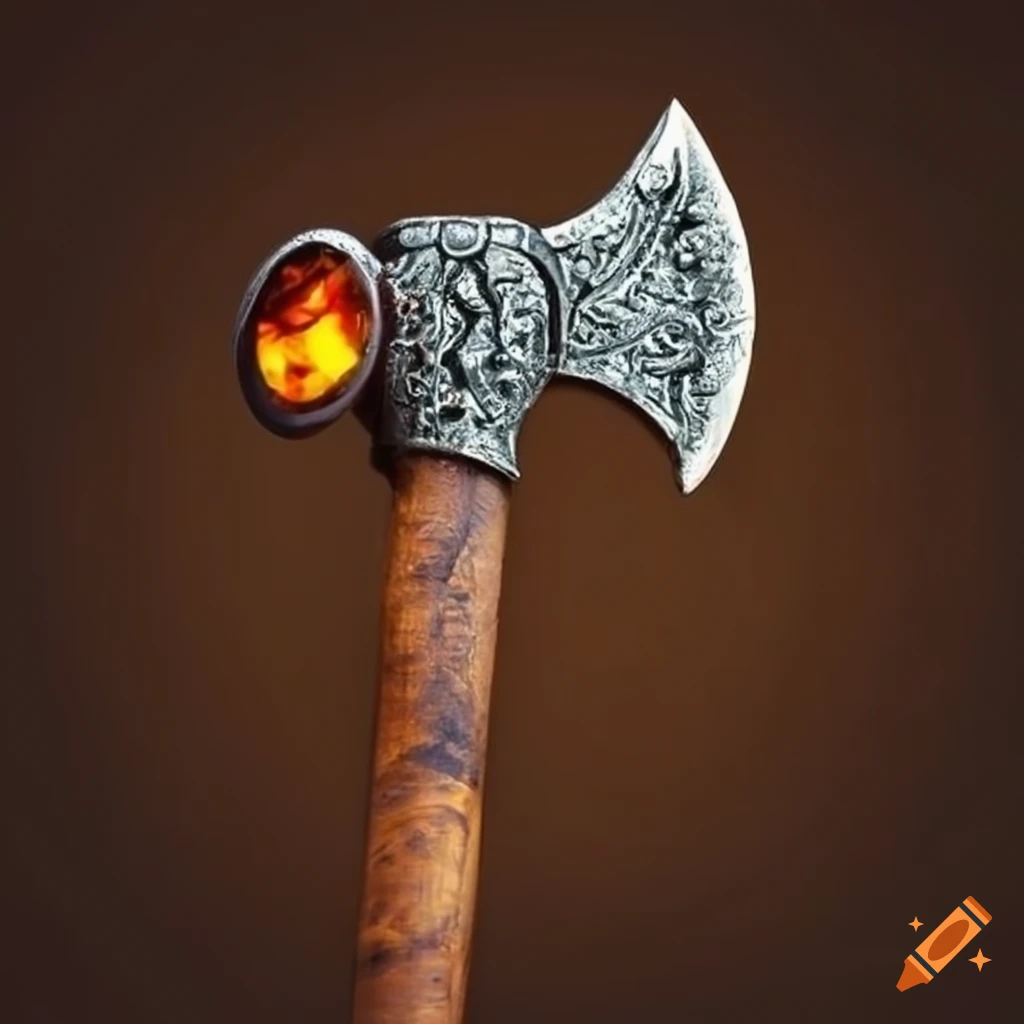 Intricately designed medieval hatchet with glowing amber gems on Craiyon