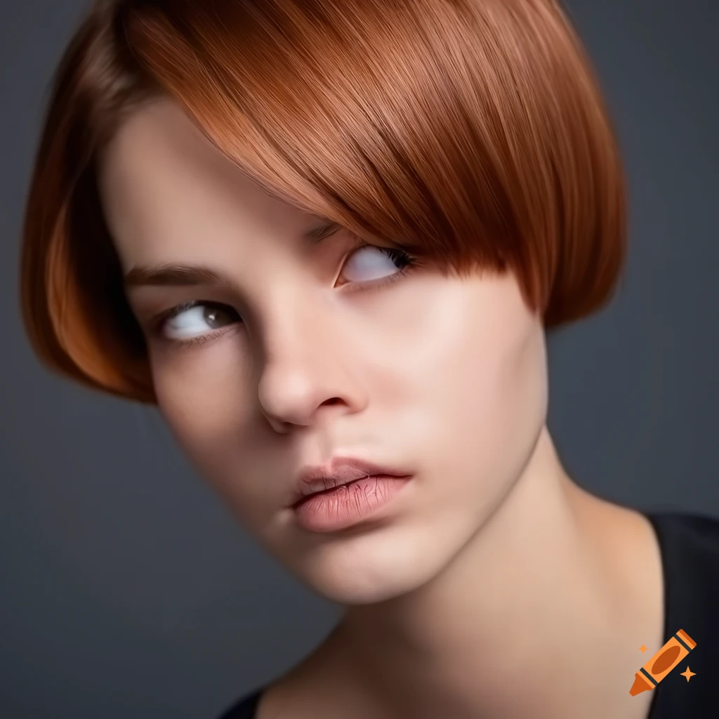 Portrait of a pensive 25-year-old with dark auburn short bob hair and ...
