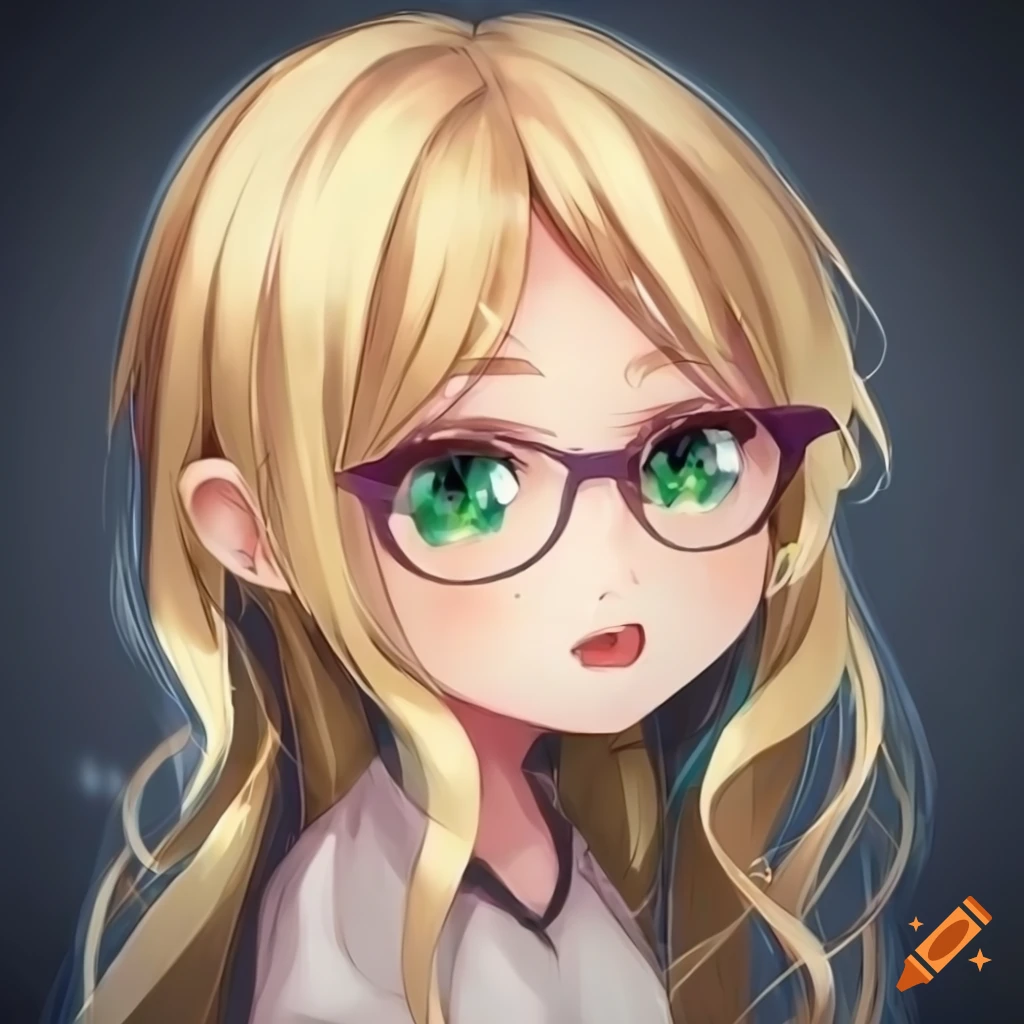 Charming chibi anime girl with blonde hair, green eyes, and glasses on ...