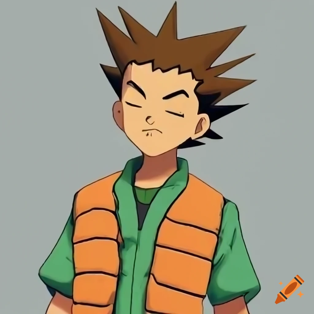 Brock from pokemon in orange vest over green shirt on Craiyon