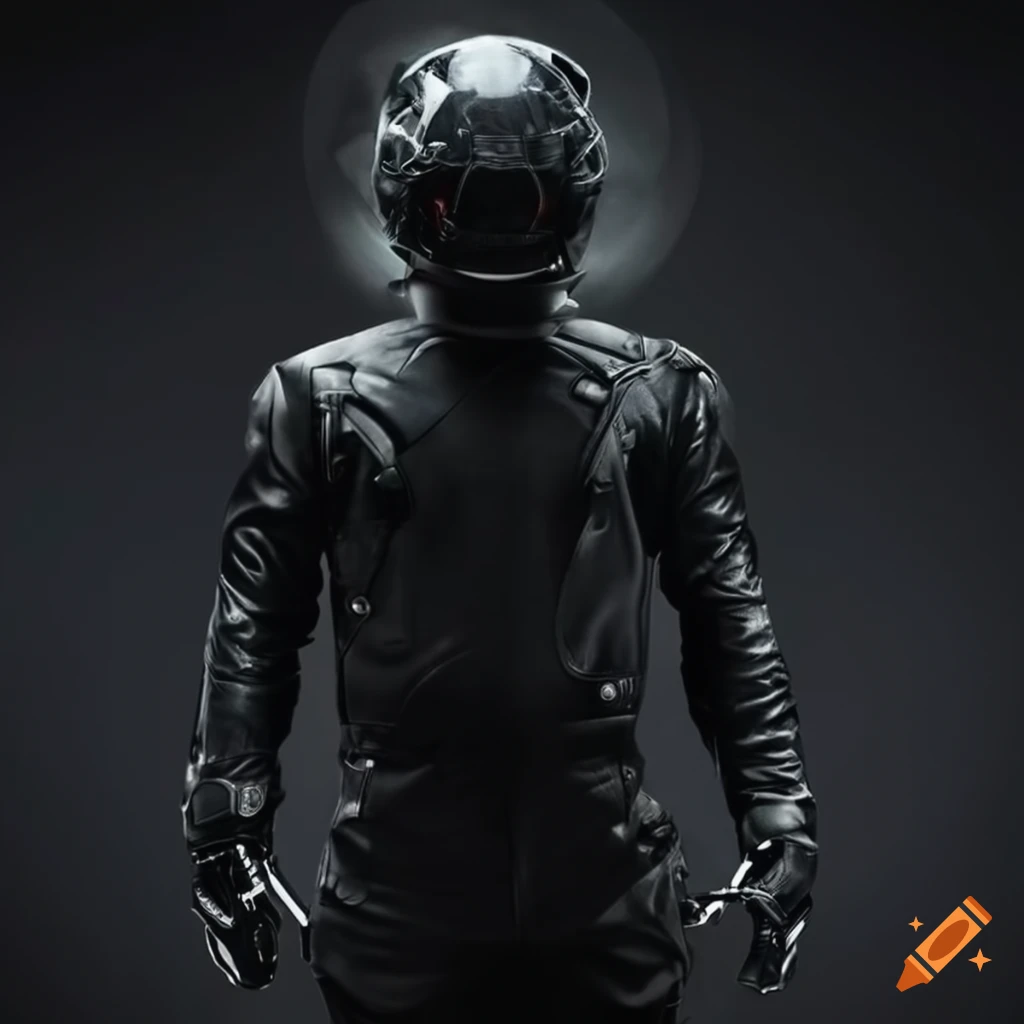 Person in full black motorcycle gear on Craiyon