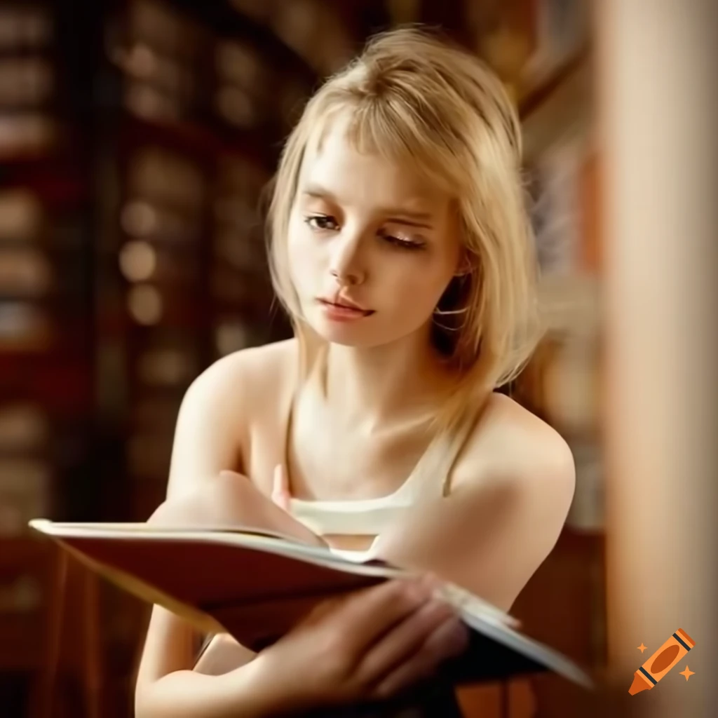 Blonde woman writing in a notebook in a large library on Craiyon