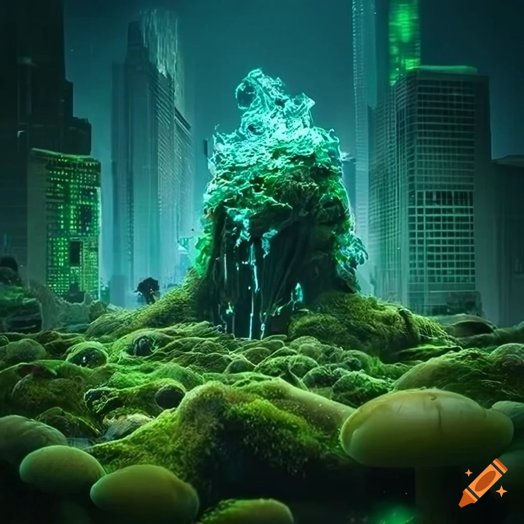 Biopunk cityscape with mythical creatures in hyper-realistic detail on Craiyon