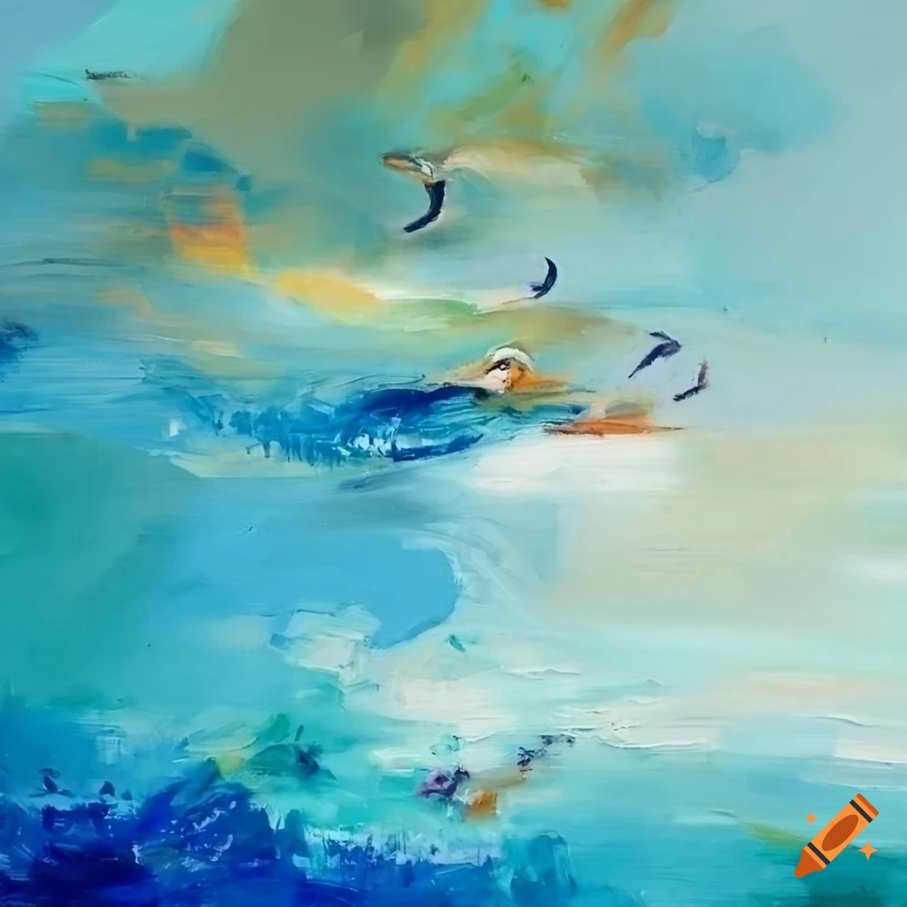 Abstract impressionist painting of cranes in the sky with light airy ...