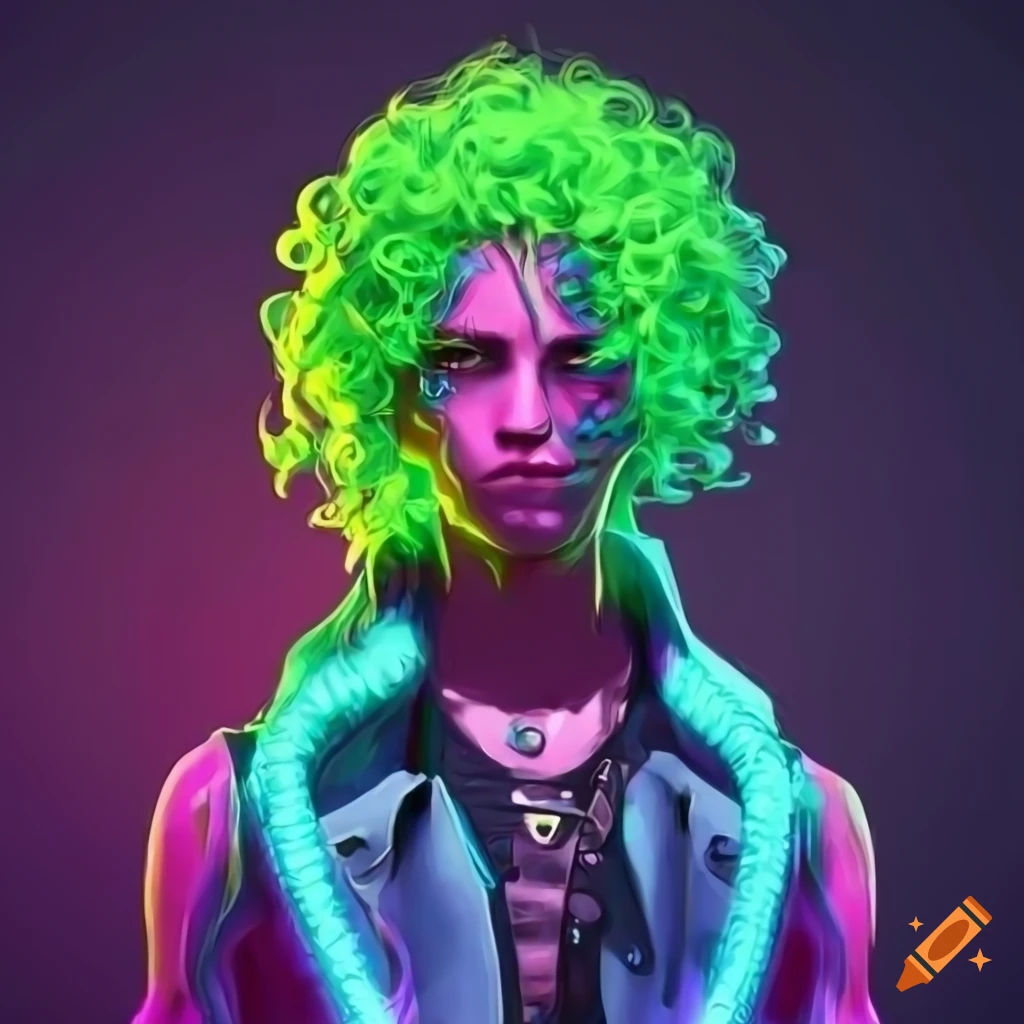 Emo male cyberpunk character with long curly black hair and neon attire ...