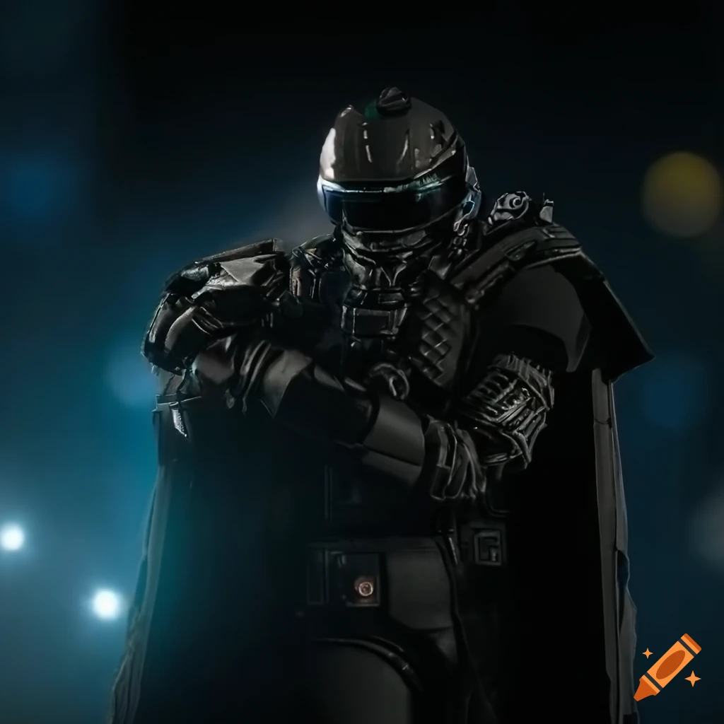 Odst warrior in a cape battling robots on Craiyon