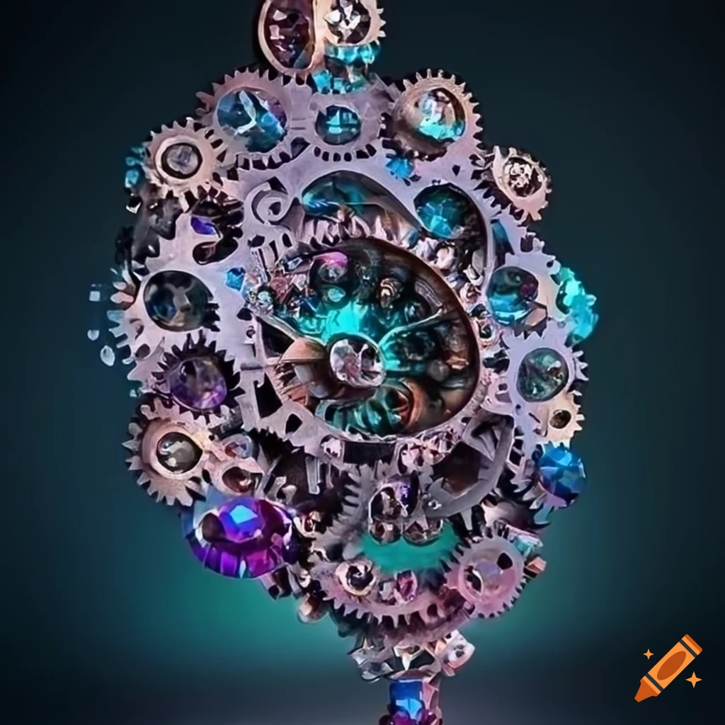 Gem-encrusted mechanical art with intricate cogs on Craiyon
