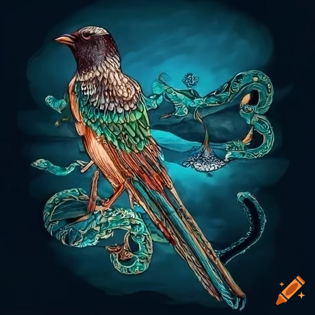 Traditional Asian art of azure-winged magpie and snakes in authentic ...